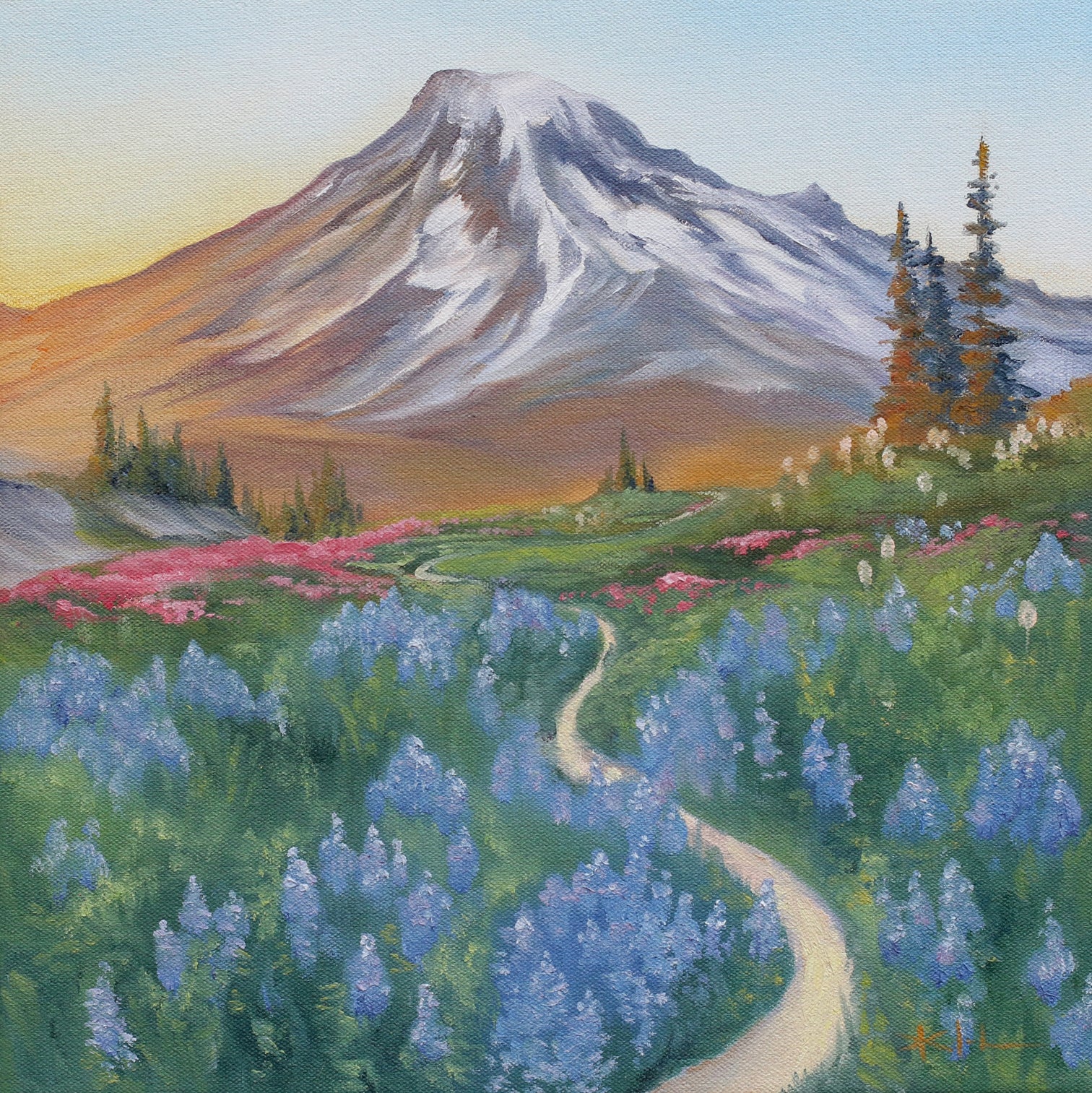 Lupin Meadow | Glowing Cascade Mountain Range Mt Rainier Oil Painting ...